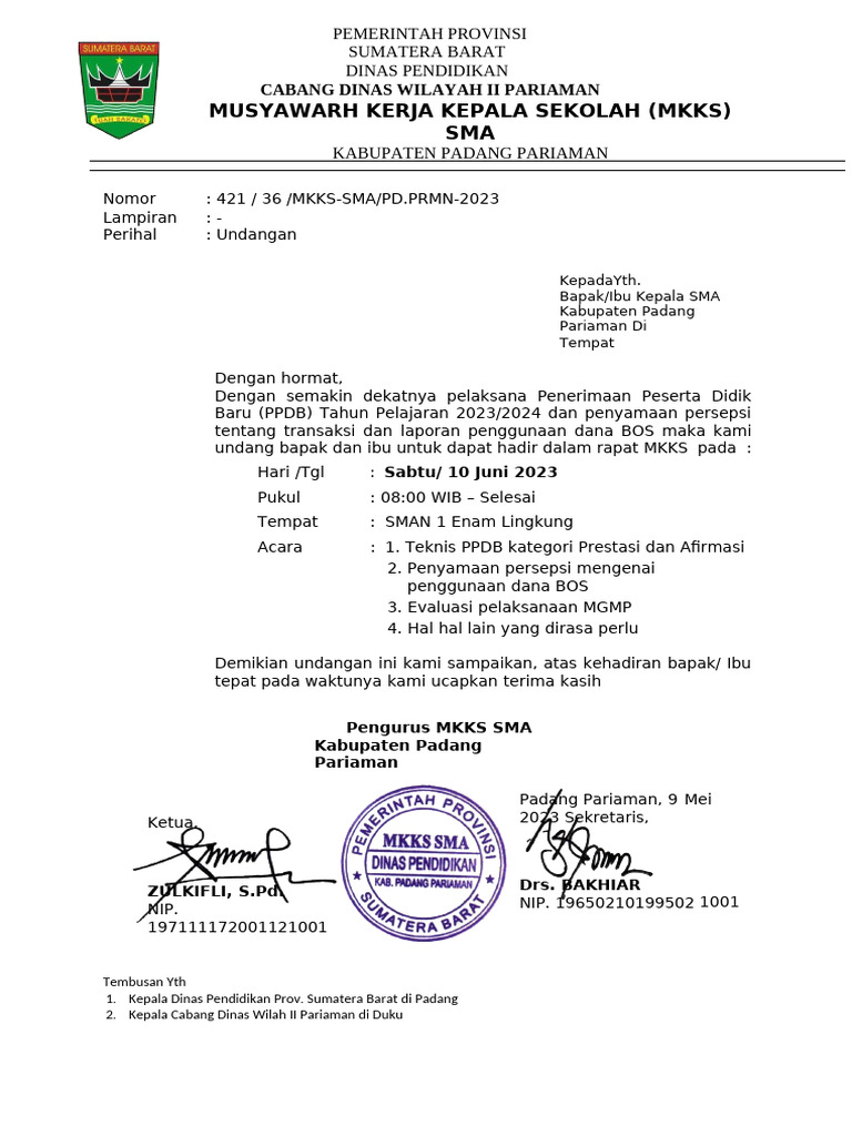 Undangan Rapat MKKS SMA Padang Pariaman | PDF