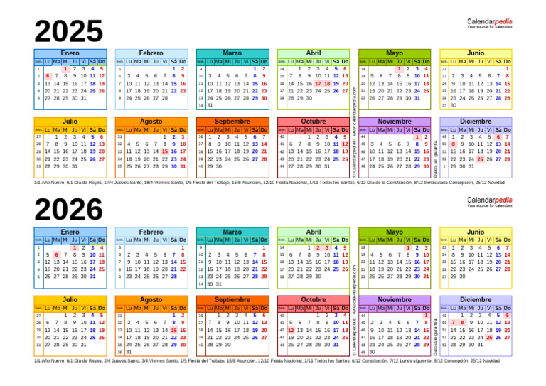 Calendario 2025 2026 Horizontal Anos Uno Encima Del Otro en Color | PDF