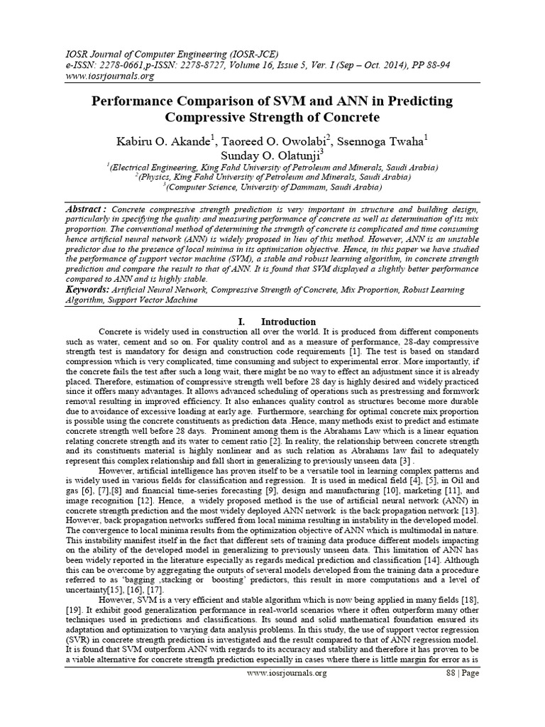 Performance Comparison of SVM and ANN in Predicting Compressive Strength of Concrete | PDF ...
