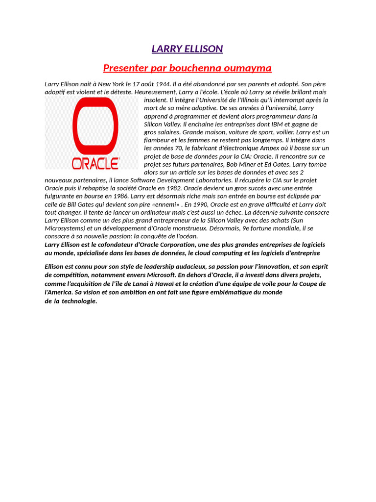 Biographie de Larry Ellison, entrepreneur clé | PDF | Oracle ...