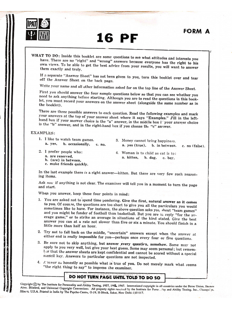 16PF Form A + Answer Sheet | PDF