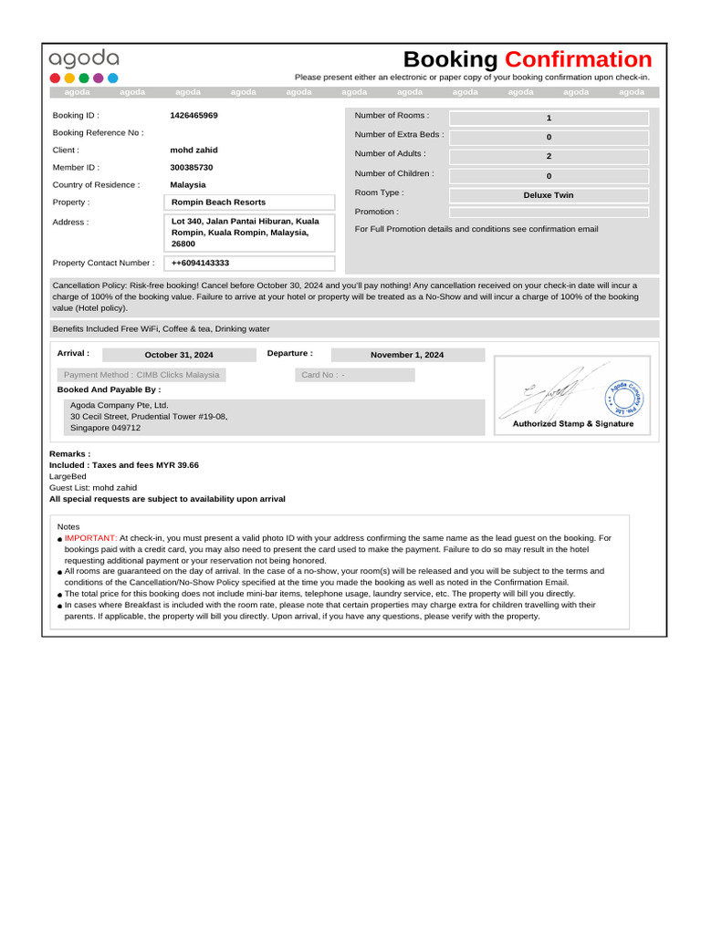 Confirmation For Booking ID # 1426465969 | PDF | Payments