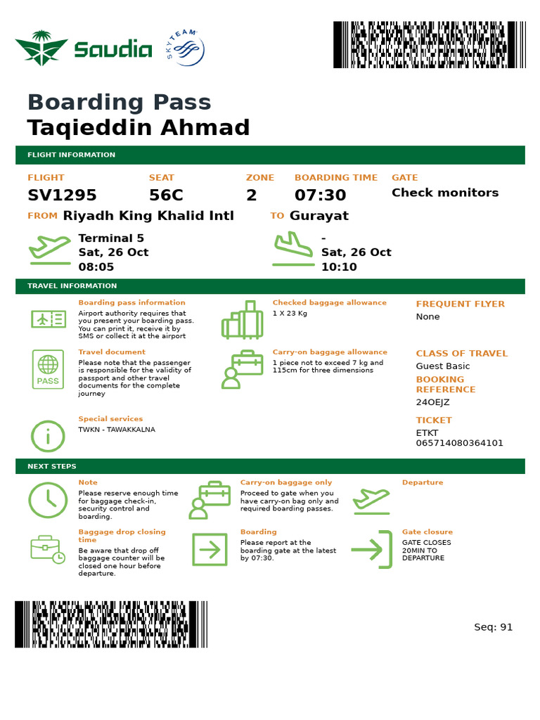 Boarding Pass For Ahmad Taqieddin - SV1295 - RUH To URY | PDF ...
