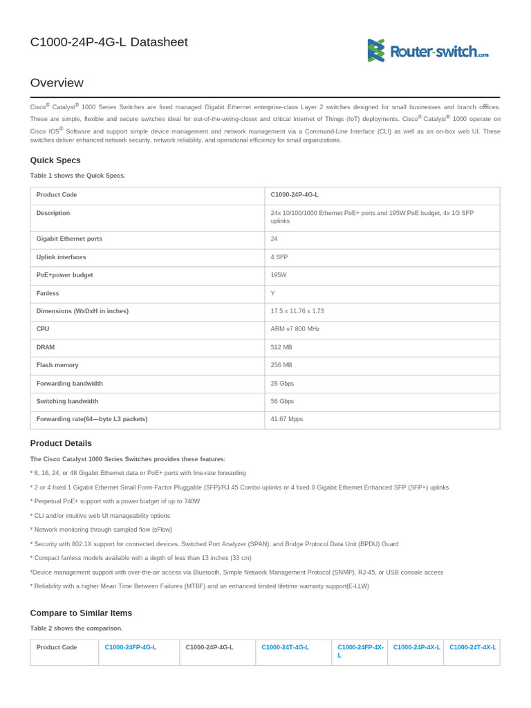 c1000 24p 4g L Datasheet | PDF | Network Switch | I Pv6