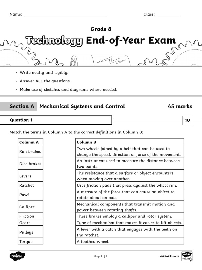 Grade 8 Technology Exam: Mechanical & Electrical Systems | PDF | Gear ...