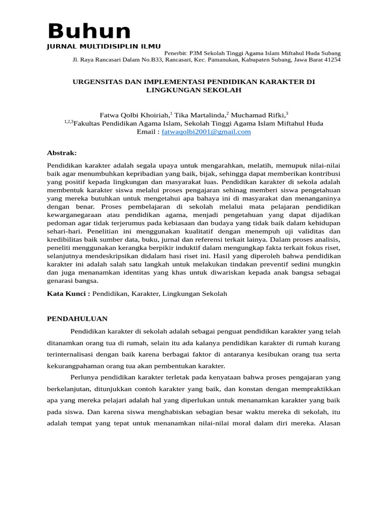 Urgensitas Dan Implementasi Pendidikan Karakter Di Lingkungan Sekolah | PDF