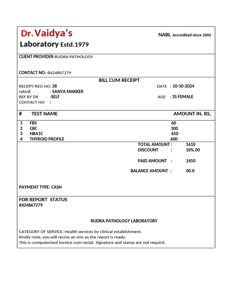 Lab Invoice for Sanya Makker's Tests | PDF | Science & Mathematics