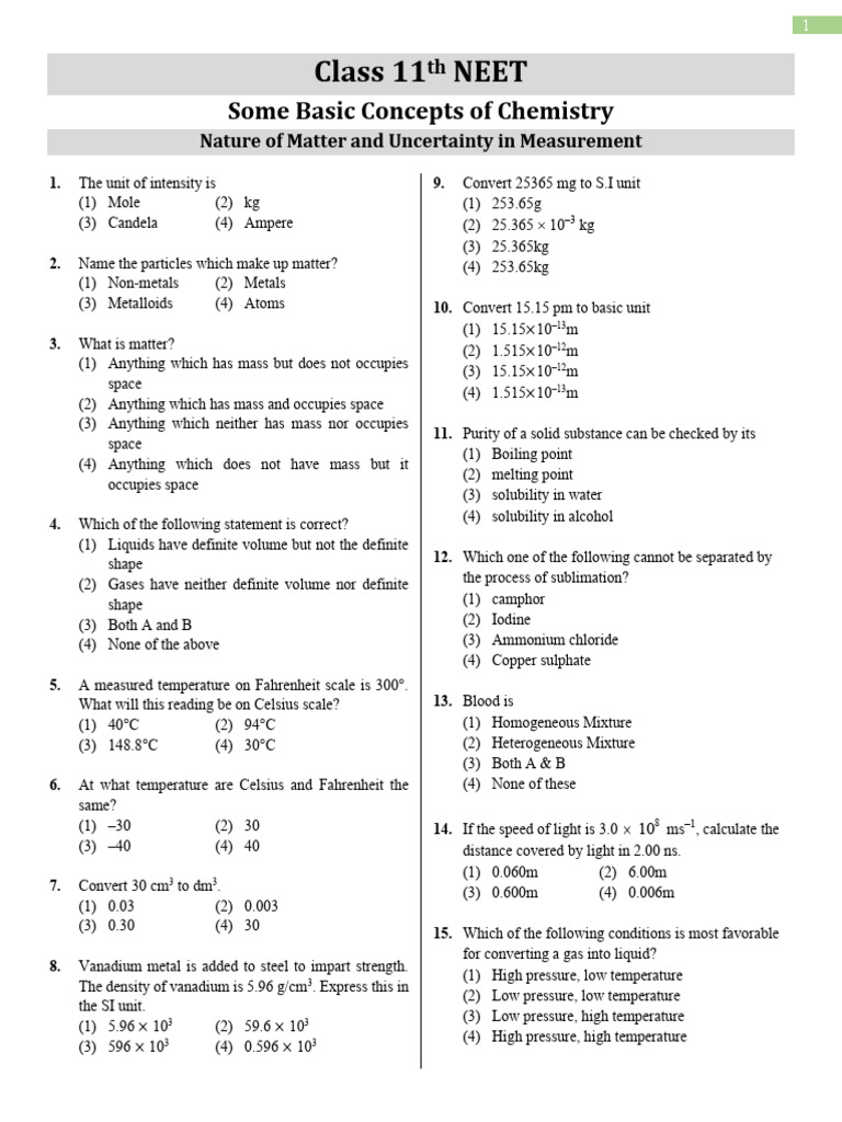 Some Basic Concept NEET Questions | PDF | Chemical Substances | Mole (Unit)