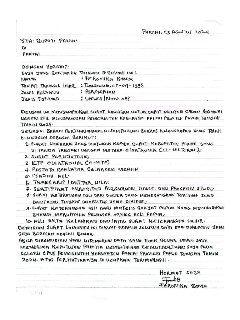 Surat Lamaran Feronika Boma | PDF