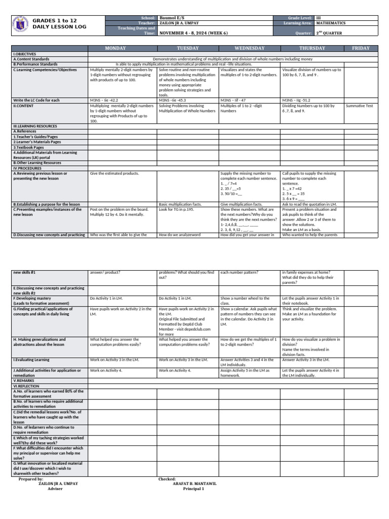 Dll Mathematics 3 q2 w6 | PDF | Learning | Human Communication