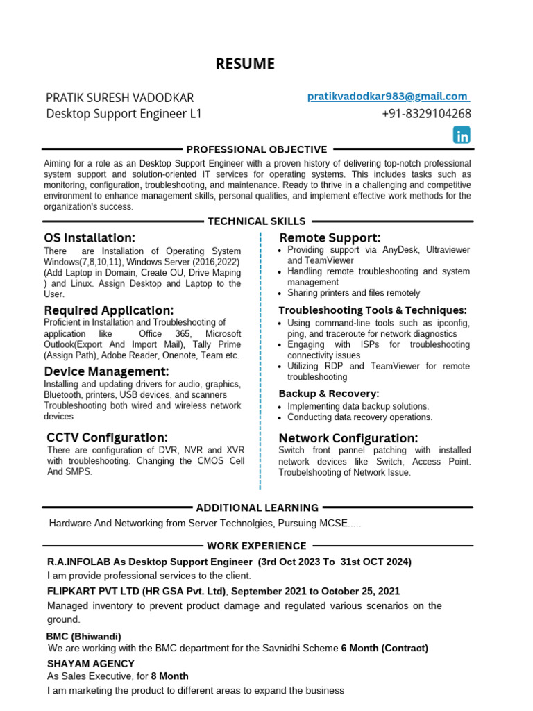 Cv format | PDF | Operating System | Computer Network