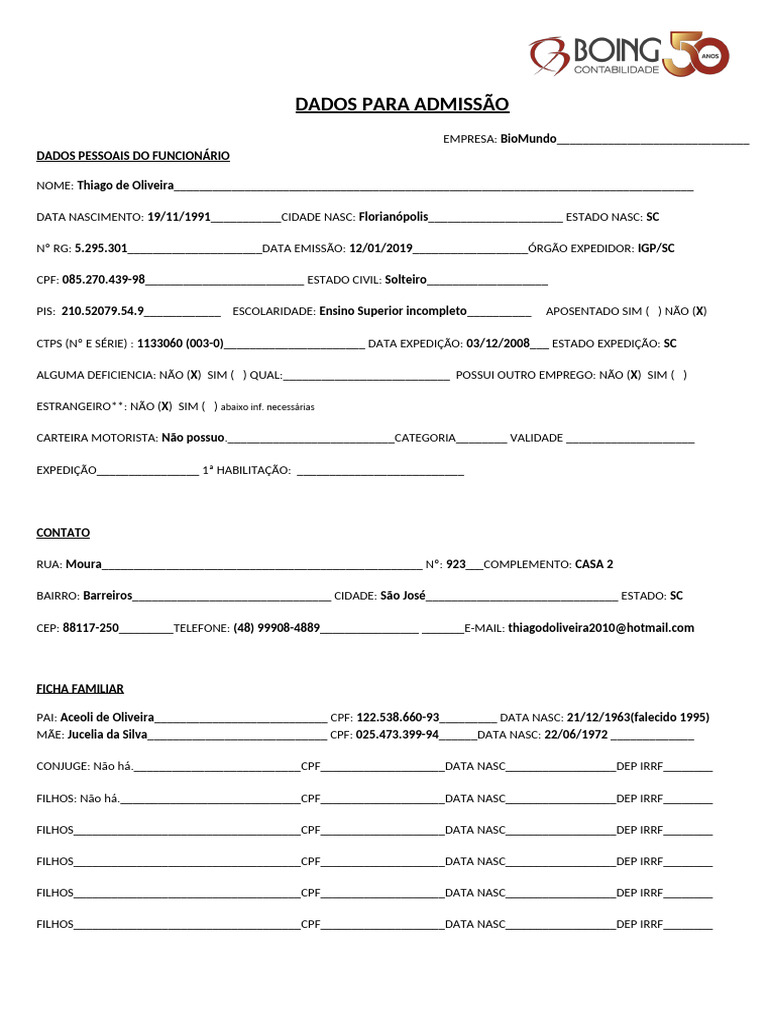 RQ 06 027 - Ficha Admissão Empregado Preenchida | PDF | Governo e personalidade | Brasil