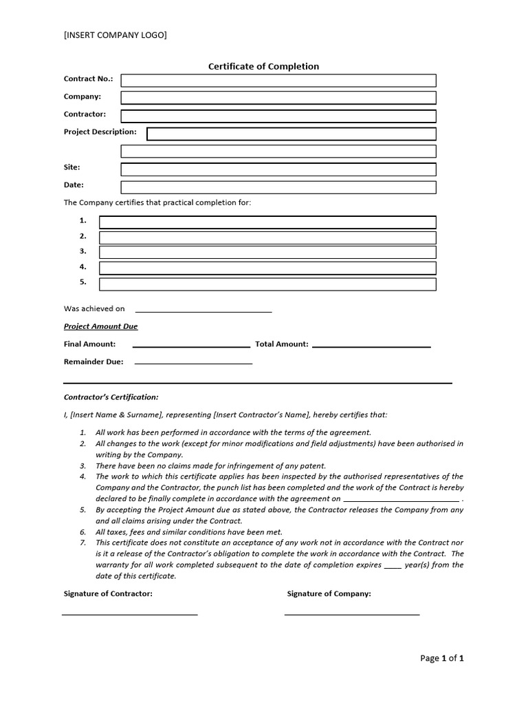 Certificate of Completion for Project | PDF | Finance & Money ...