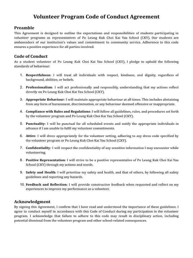 CUHK Eye Hospital Volunteer Program Code of Conduct Agreement - 2024 | PDF | Justice | Crime ...