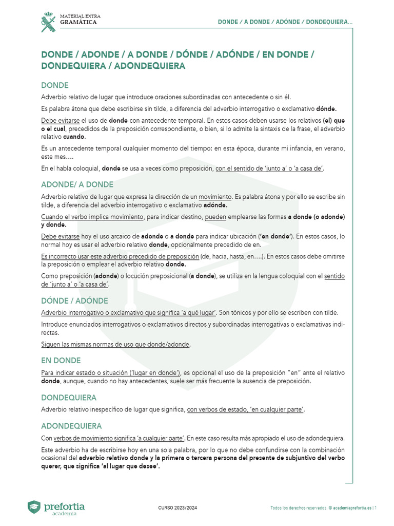 Uso de "donde", "adonde" y "dónde" | PDF | Adverbio | Preposición y ...