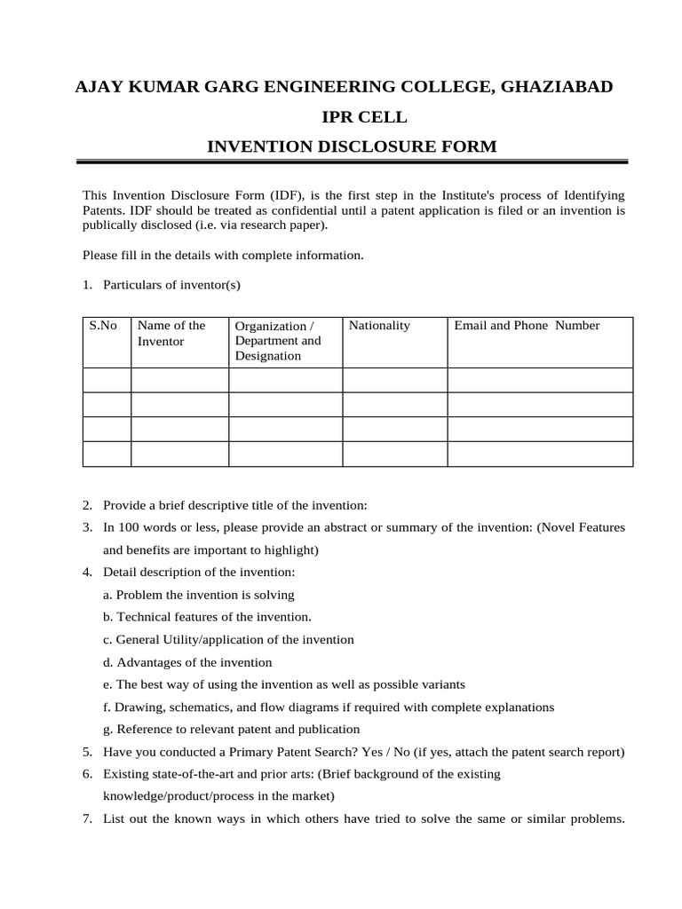 Patent Invention Disclosure Form | PDF | Prior Art | Patent