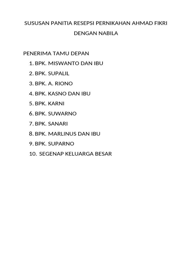 Susunan Panitia Resepsi Pernikahan | PDF