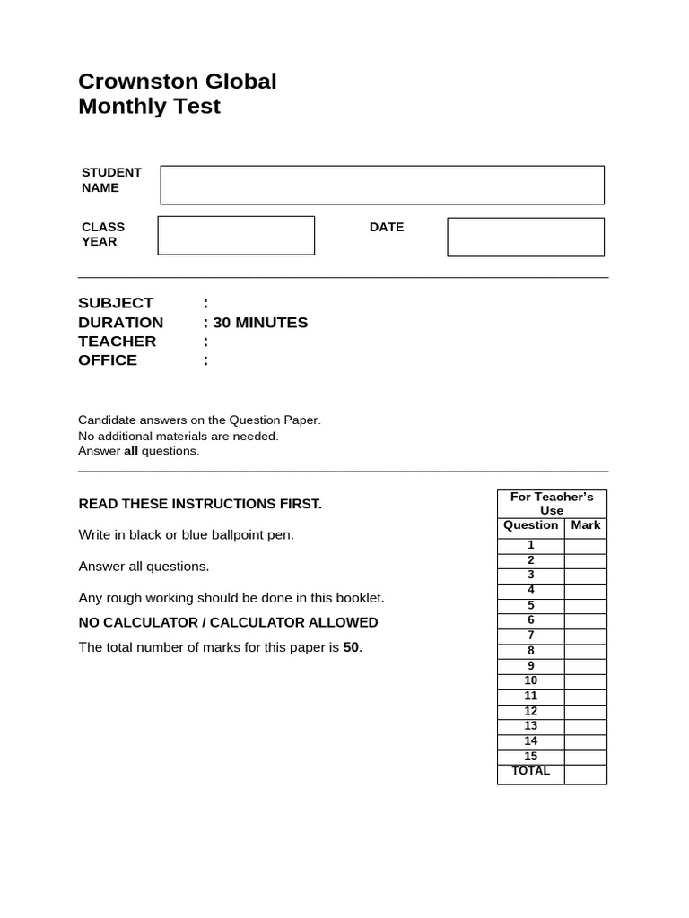 Monthly Test Cover Page | PDF