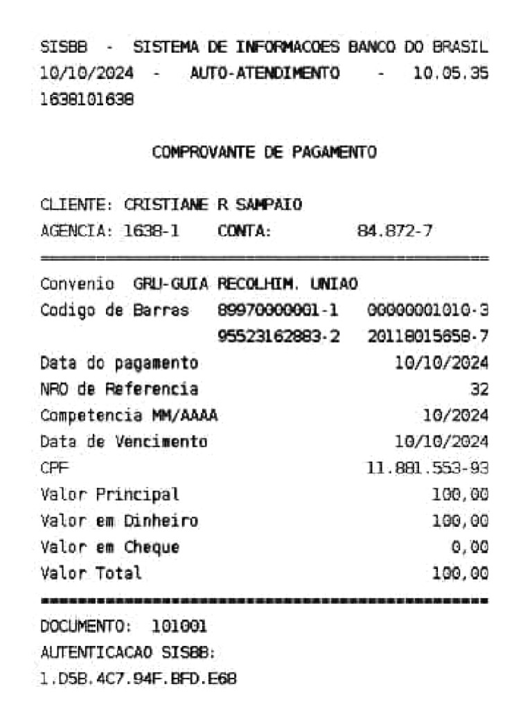 Comprovante de Pagamento GRU BB 2024 | PDF