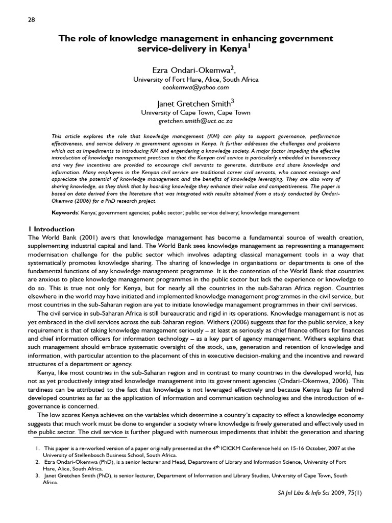 Ondari Okemwa Smith 2009 The Role of Knowledge Management in Enhancing Government Service ...