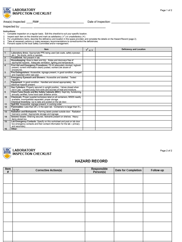 Monthly Laboratory Inspection Checklist 2021 | PDF | Laboratories ...