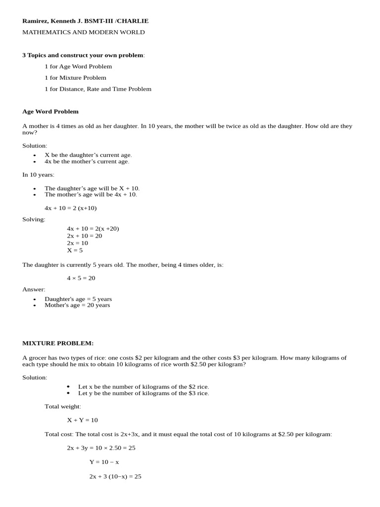 SOLVING: Age Word Problem, Mixture Problem and Distance, Rate and Time Problem | PDF | Quadratic ...