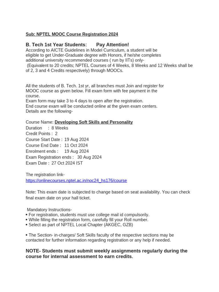 NPTEL MOOC Course Registration Notice 2024 | PDF