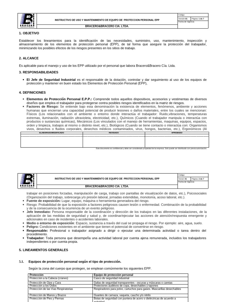 Instructivo de Uso y Mantenimiento de Equipo de Proteccion Personal Epp | PDF | Riesgo | Residuos
