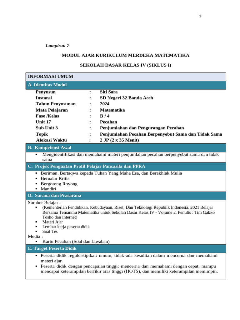 Modul Ajar Kurikulum Merdeka Siti Saraaaa | PDF | Karier & Perkembangan | Sains & Matematika