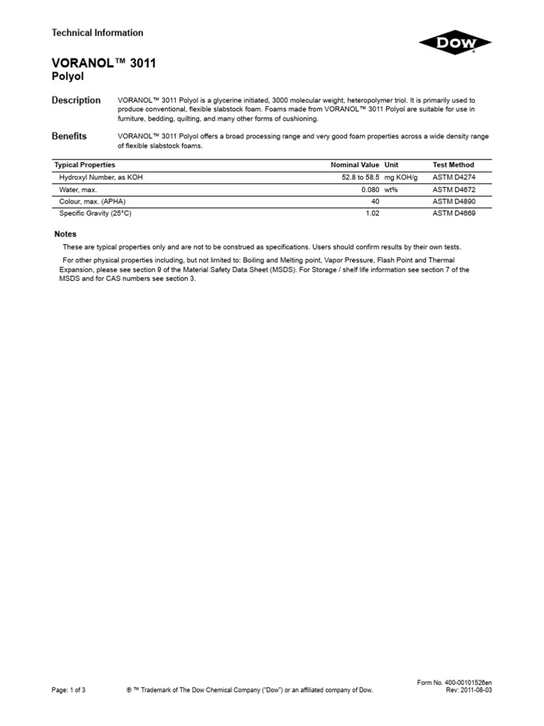400 00101526en Voranol 3011 Tds | PDF | Polyurethane | Water