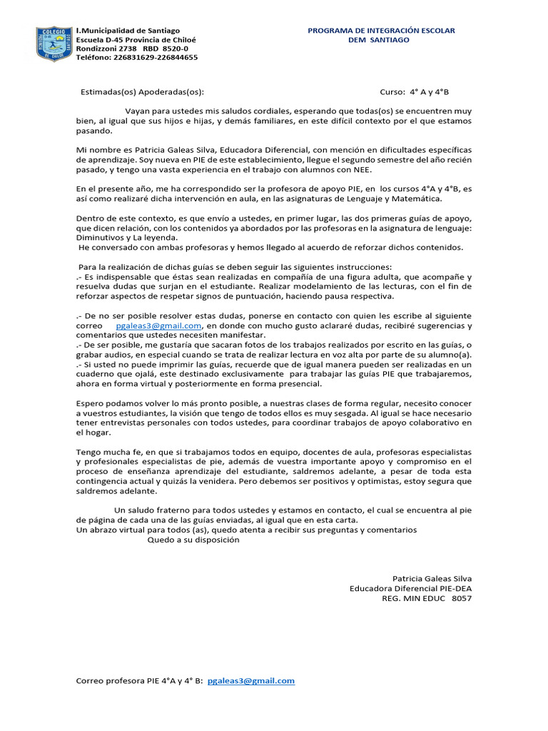Carta para Apoderados de 4°a y 4° B | PDF | Maestros | Enseñando