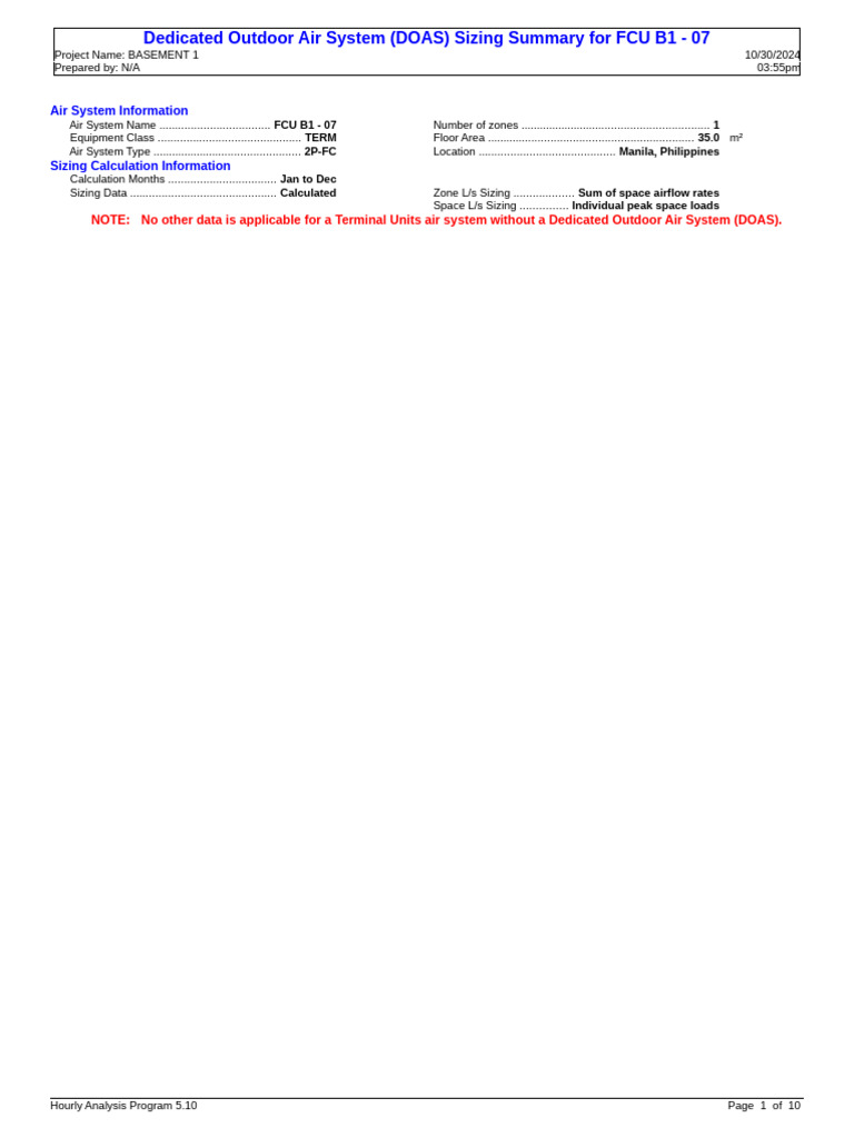 DOAS Sizing Summary for FCU B1-07 | PDF