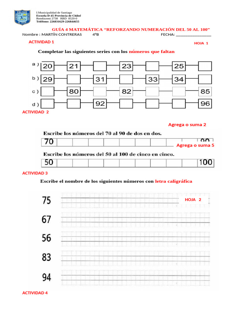 GUIA 4 MATEMATICA 50 AL 100 3°B FRANCESCA CARREÑP | PDF