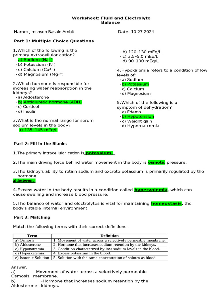 Worksheet Fluid and Electrolyte Balance | PDF | Dehydration | Electrolyte
