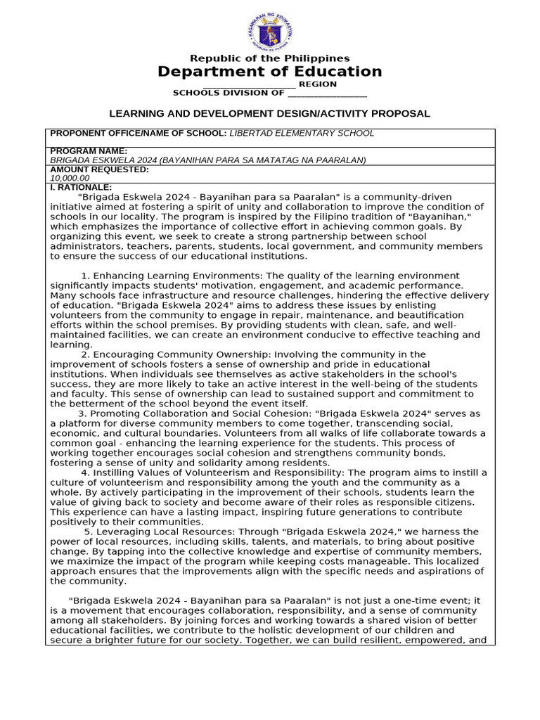 BE 2024 ACTIVITY DESIGN BRIGADA KICKOFF | PDF | Community | Volunteering