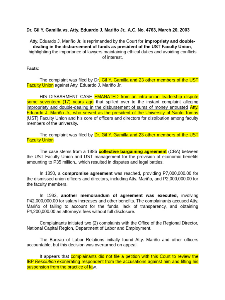 D. Dr. Gil Y. Gamilla vs. Atty. Eduardo J. Mariño JR | PDF | Conflict ...