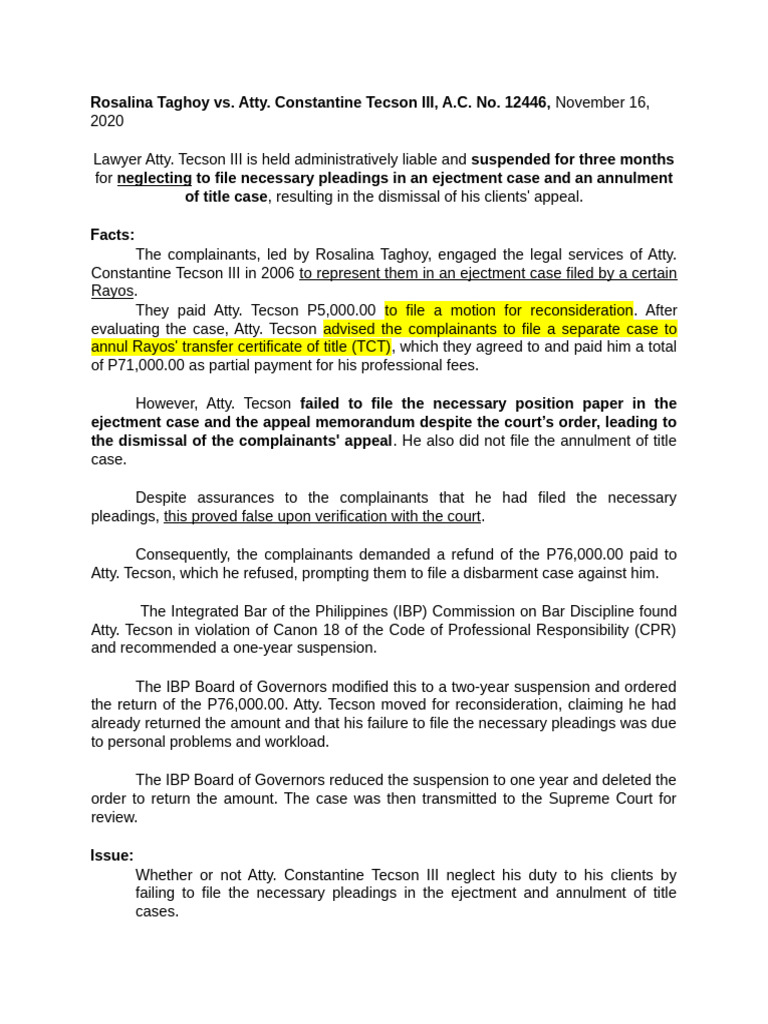 B. Rosalina Taghoy vs. Atty. Constantine Tecson III | PDF | Pleading ...