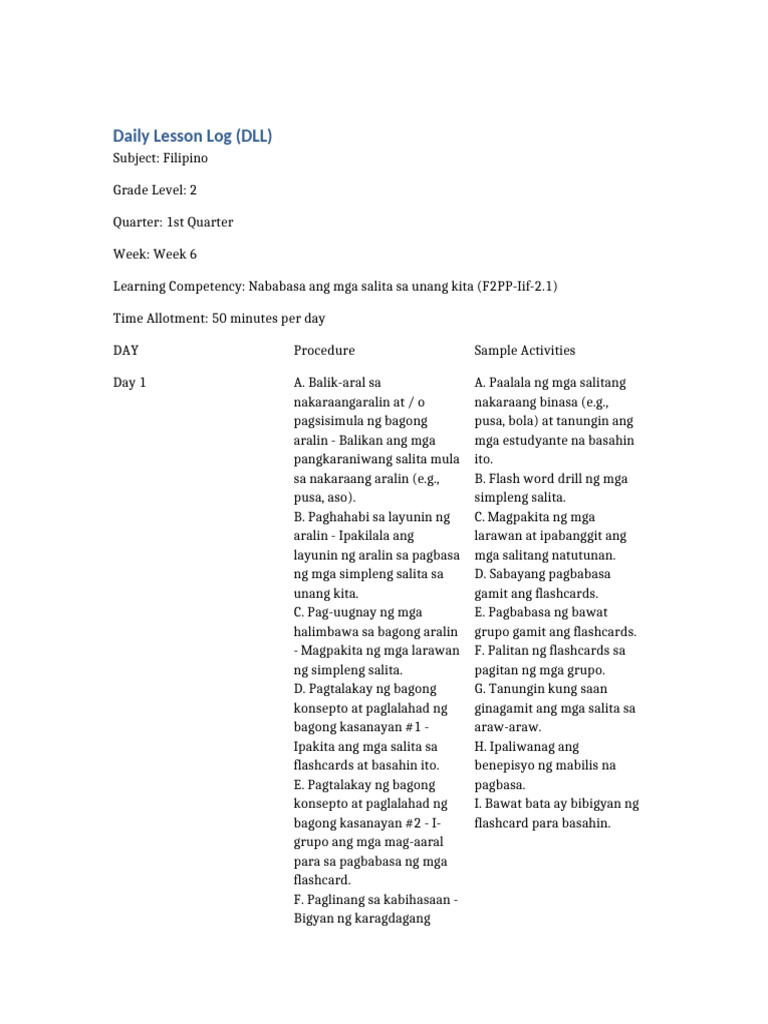 Daily Lesson Log DLL Filipino Grade 2 | PDF