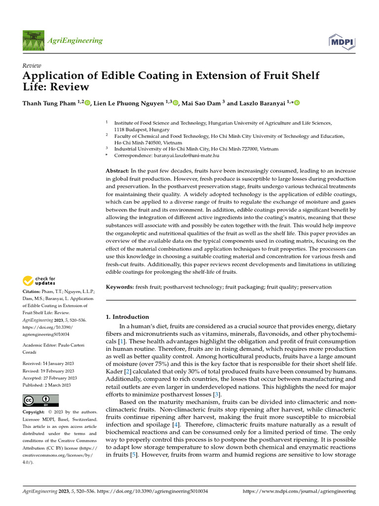 Application of Edible Coating in Extension of Fruit Shelf Life: Review ...
