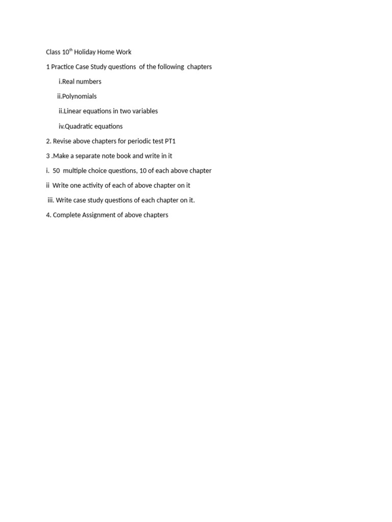 Class 10 Holiday Math Homework Guide | PDF