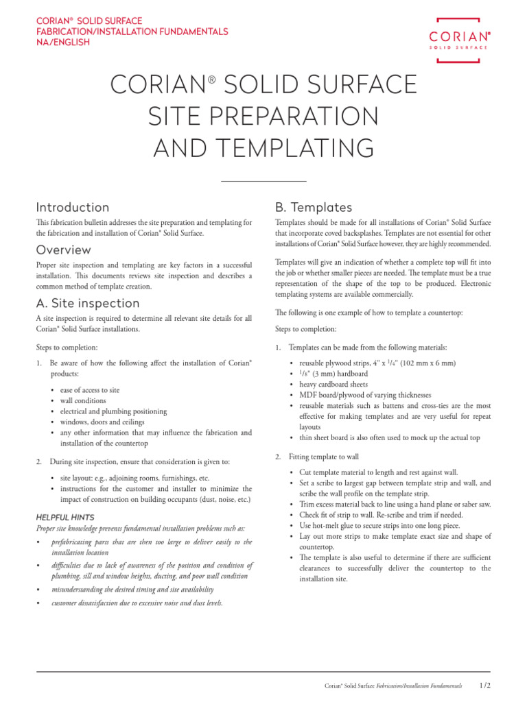 K-25287 Corian Solid Surface Site Preparation and Templating | PDF | Countertop