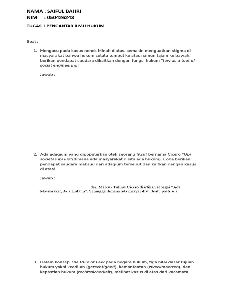 Tugas 1 Saiful Bahri Pengantar Ilmu Hukum | PDF | Politik | Hukum