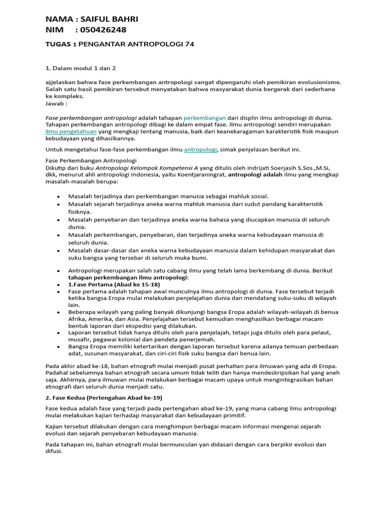 Tugas 1 Saiful Bahri Pengantar Antropologi | PDF