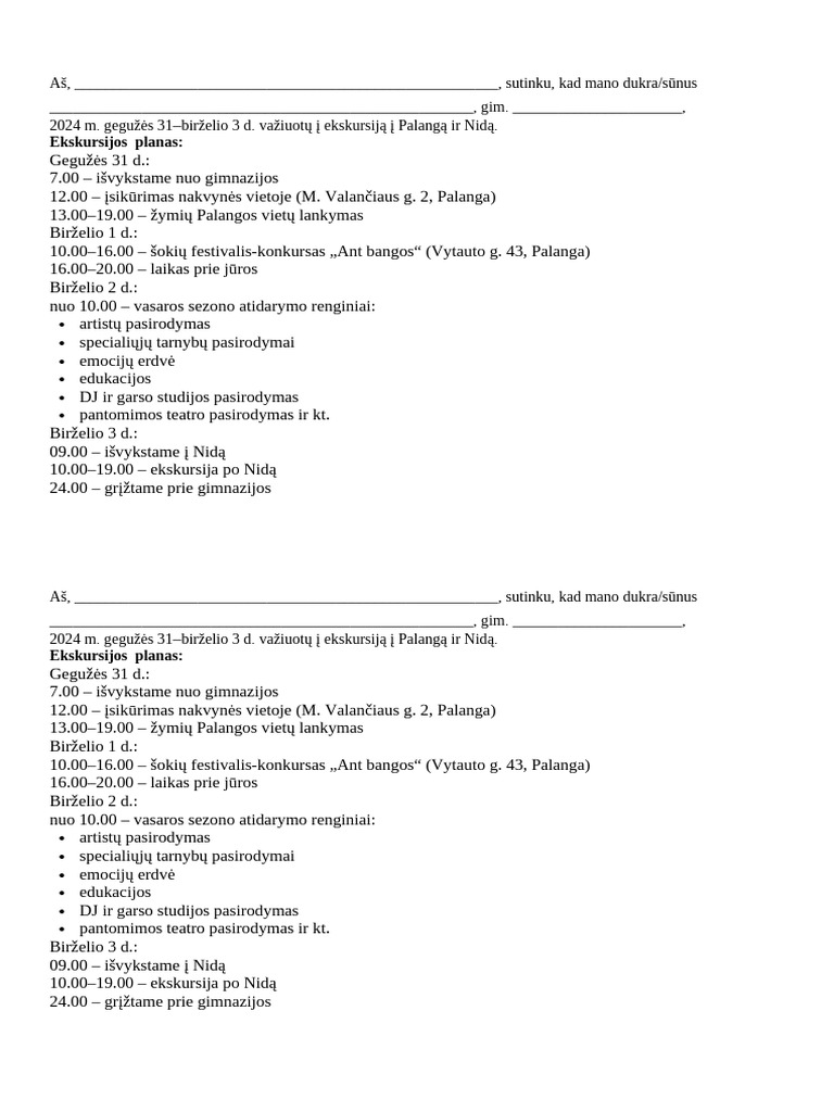 Sutikimas Dėl Išvykos Į Palangą | PDF