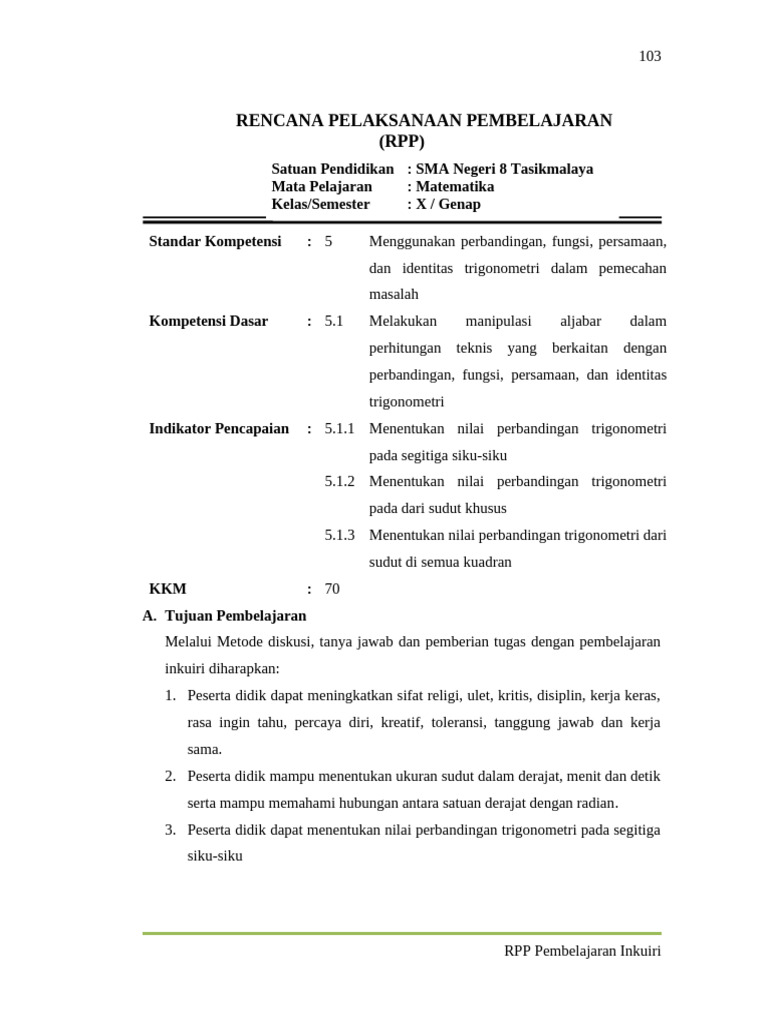 RPP Trigonometri Kelas X Inkuiri | PDF