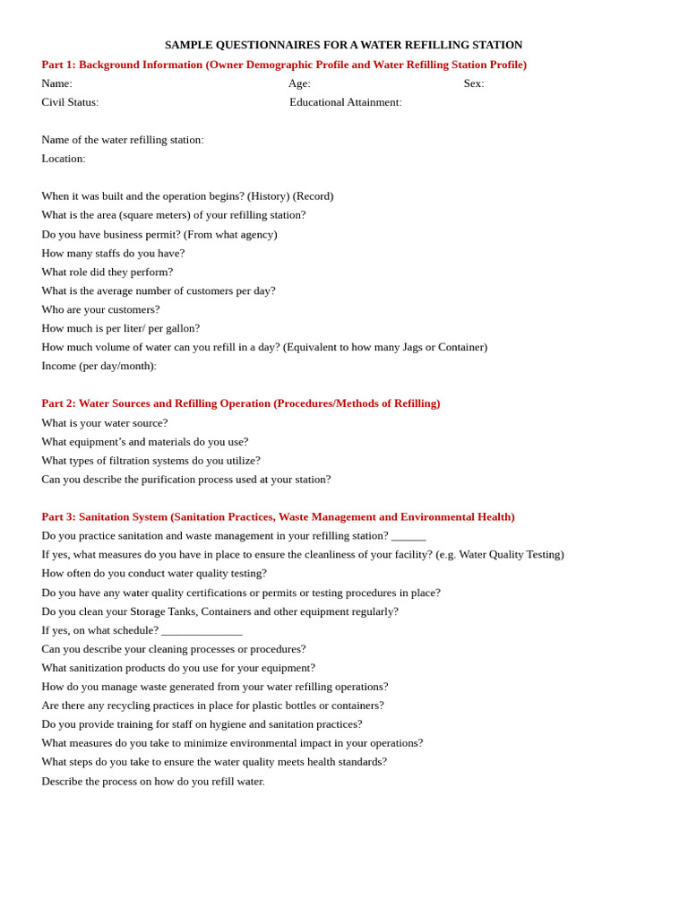 Water Refilling Station Questionnaire Guide | PDF | Law