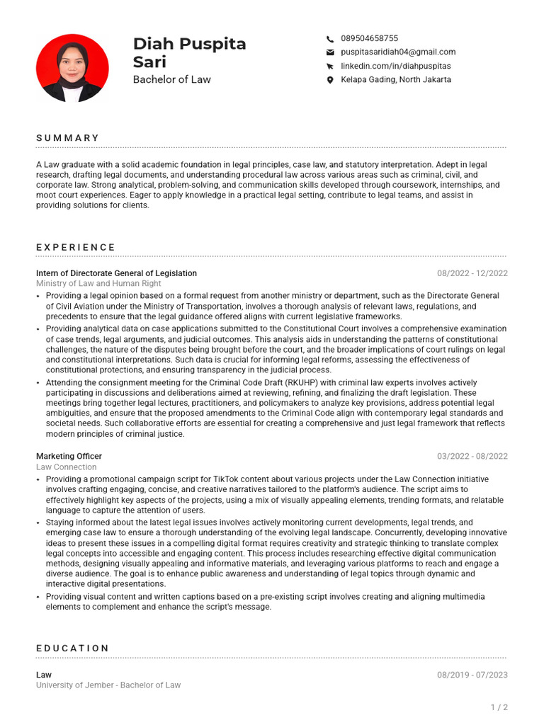 Diah Puspita Sari - Bachelor of Law - CV | PDF | Multimedia