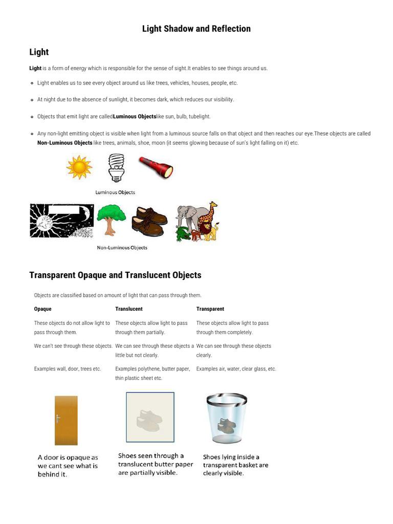 Light Shadow and Reflection | PDF | Shadow | Light