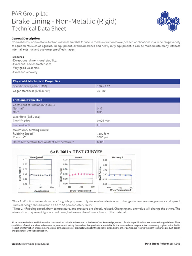 4.161 Brake Lining Non Metallic Rigid Tds | PDF | Friction | Temperature