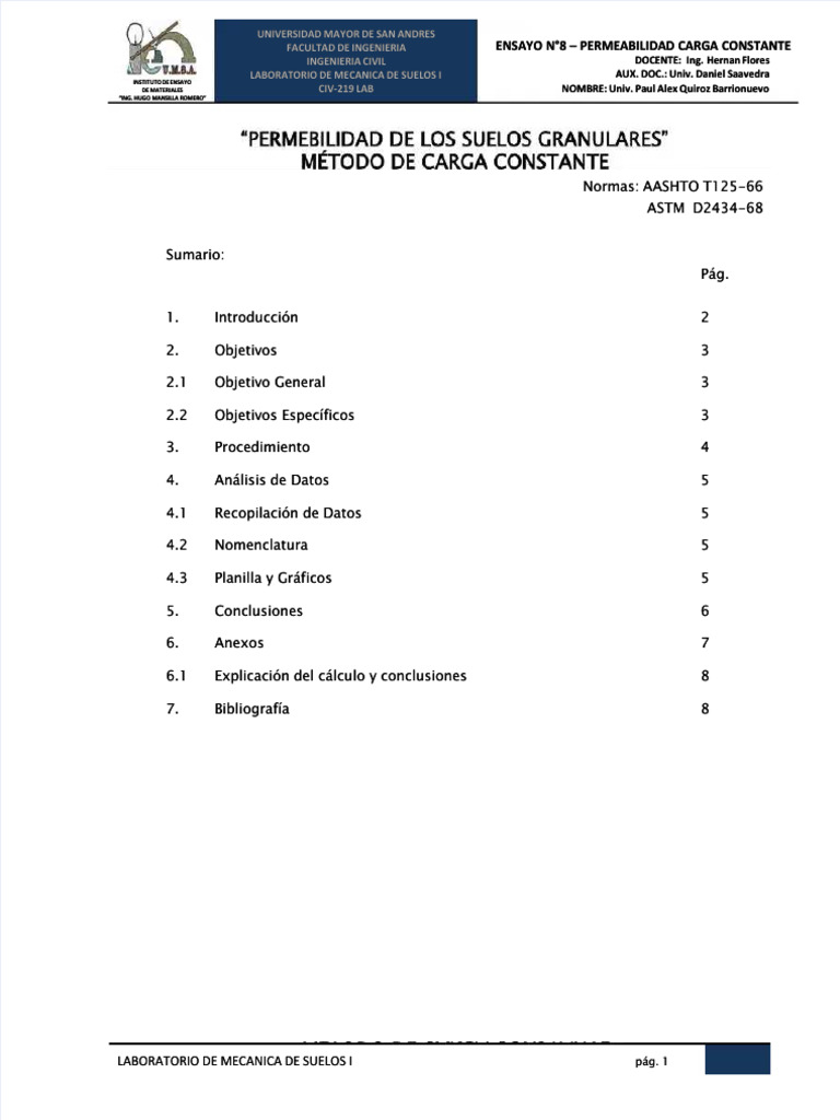 Ensayo Permeabilidad Carga Constante | PDF | Laboratorios | Mecánica de ...